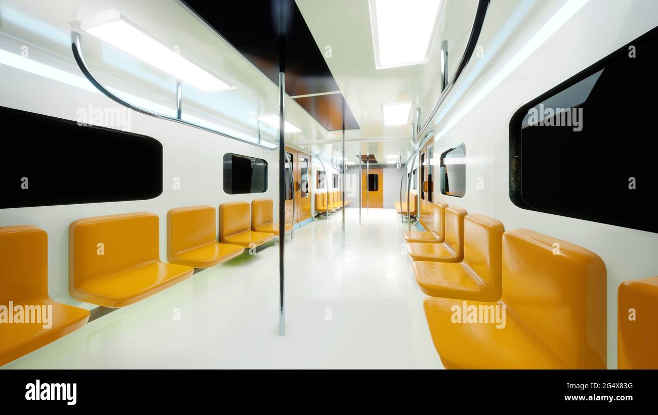 Three dimensional render of interior of clean modern subway train Stock ...