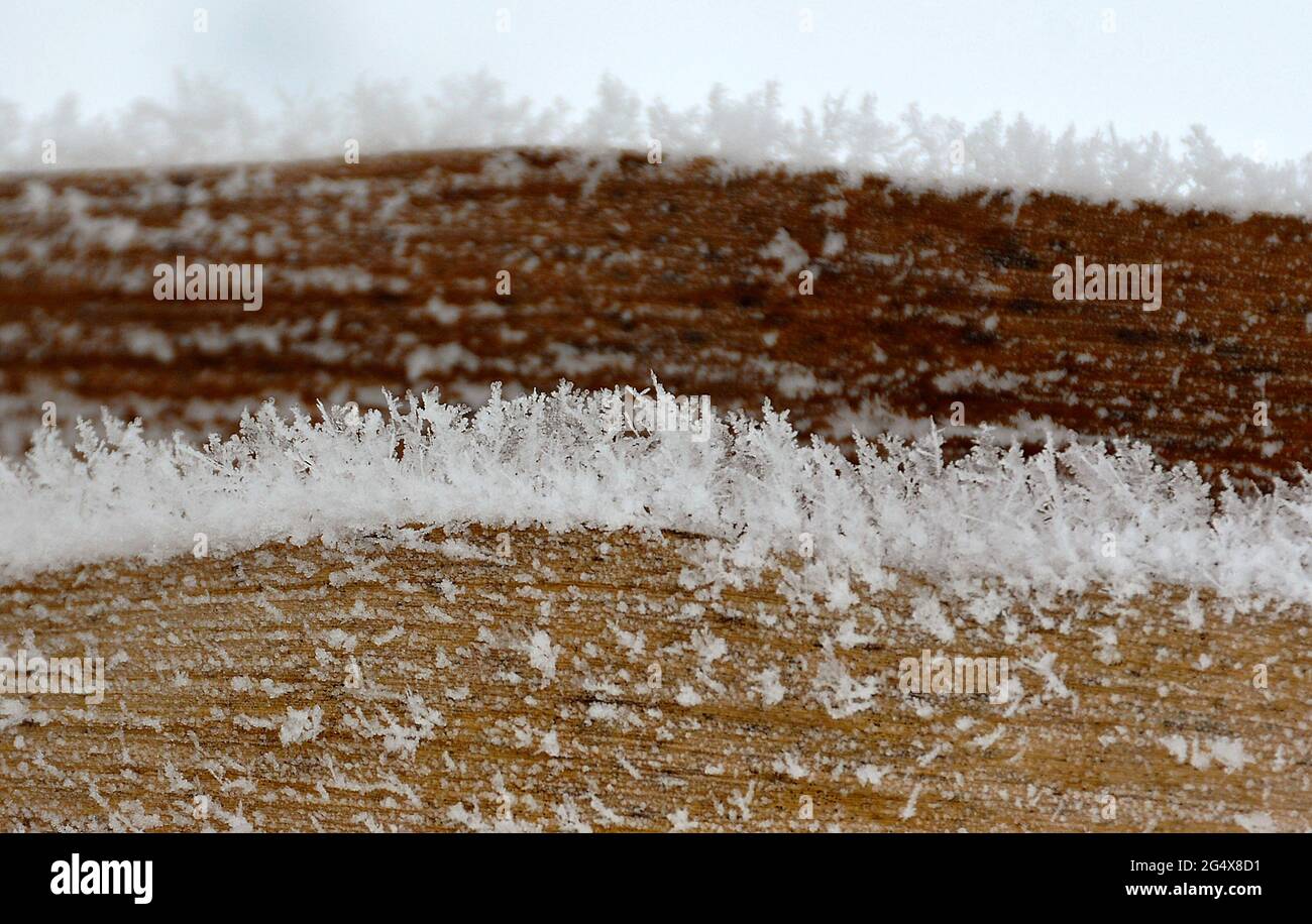 Closeup of the morning crystal clear frost covering the surface of the ...