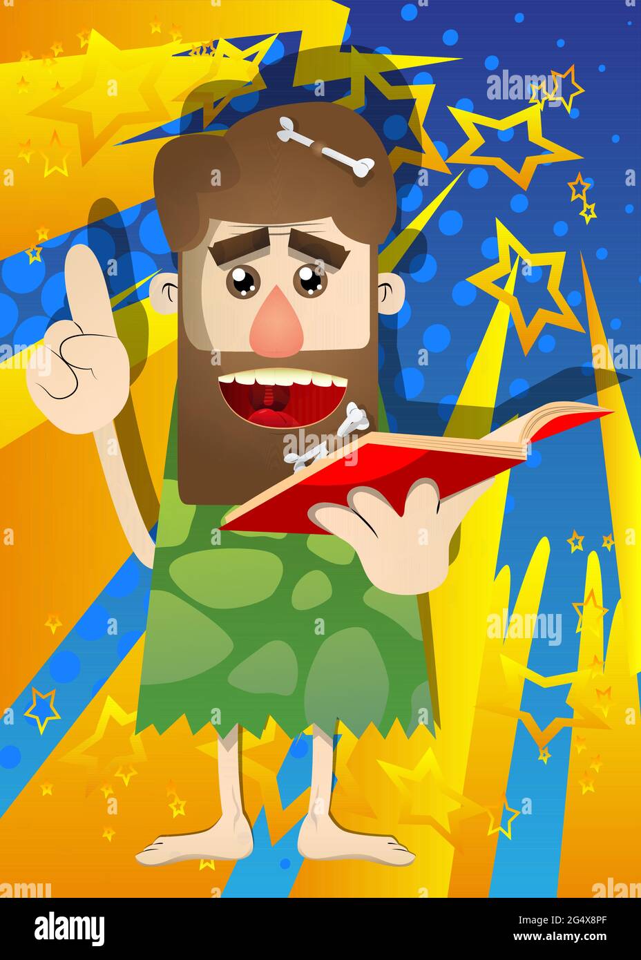 Cartoon prehistoric man reading a red book and making a point. Vector ...