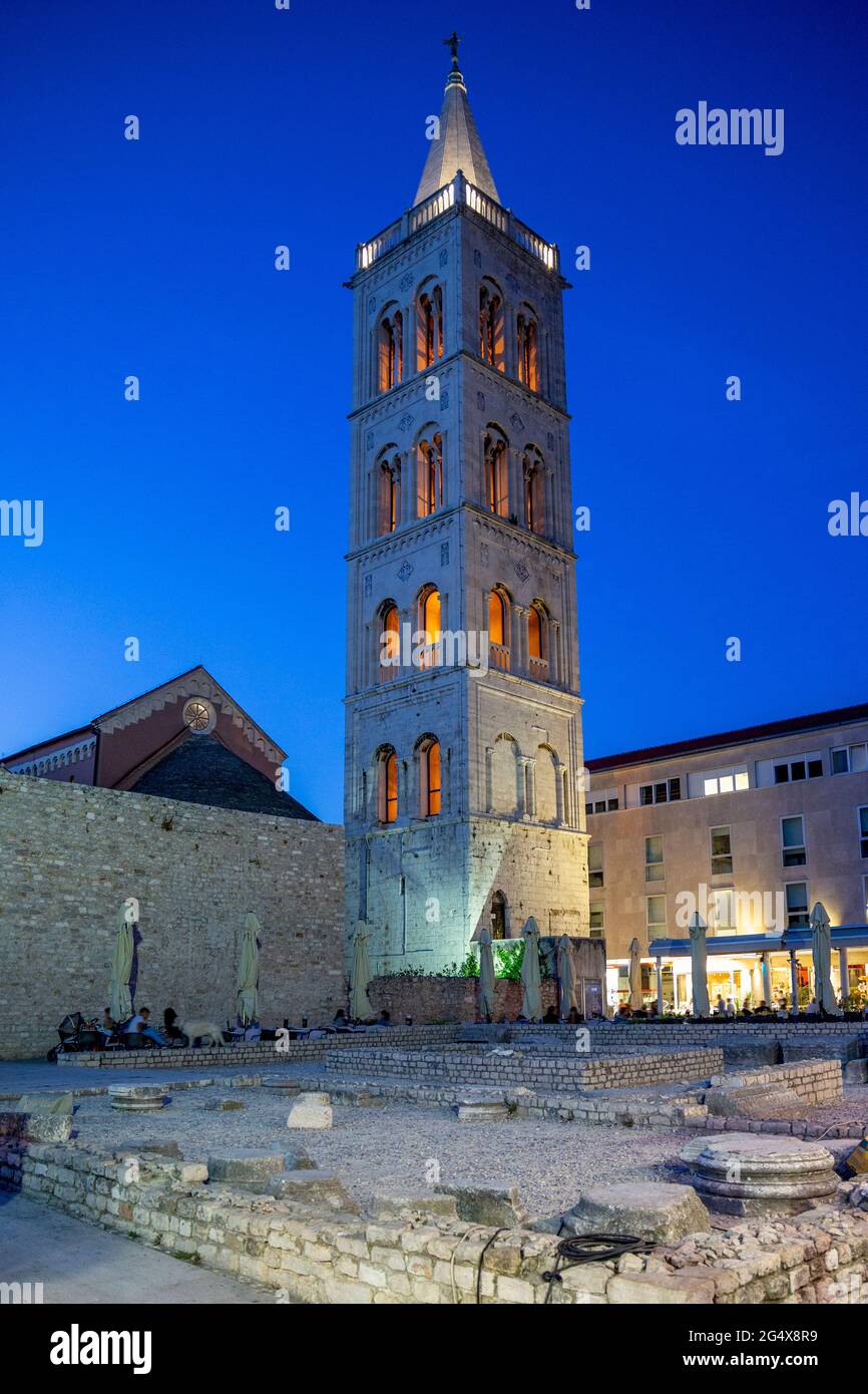 Croatia, Zadar County, Zadar, Bell tower of Zadar Cathedral at dusk ...