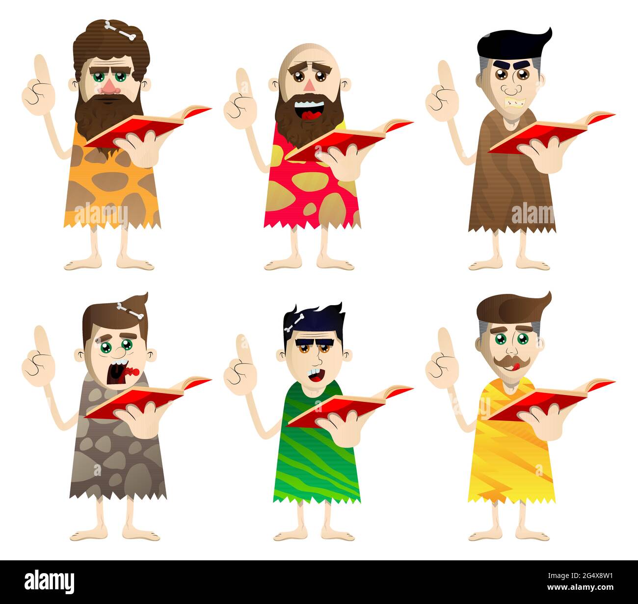Cartoon prehistoric man reading a red book and making a point. Vector ...