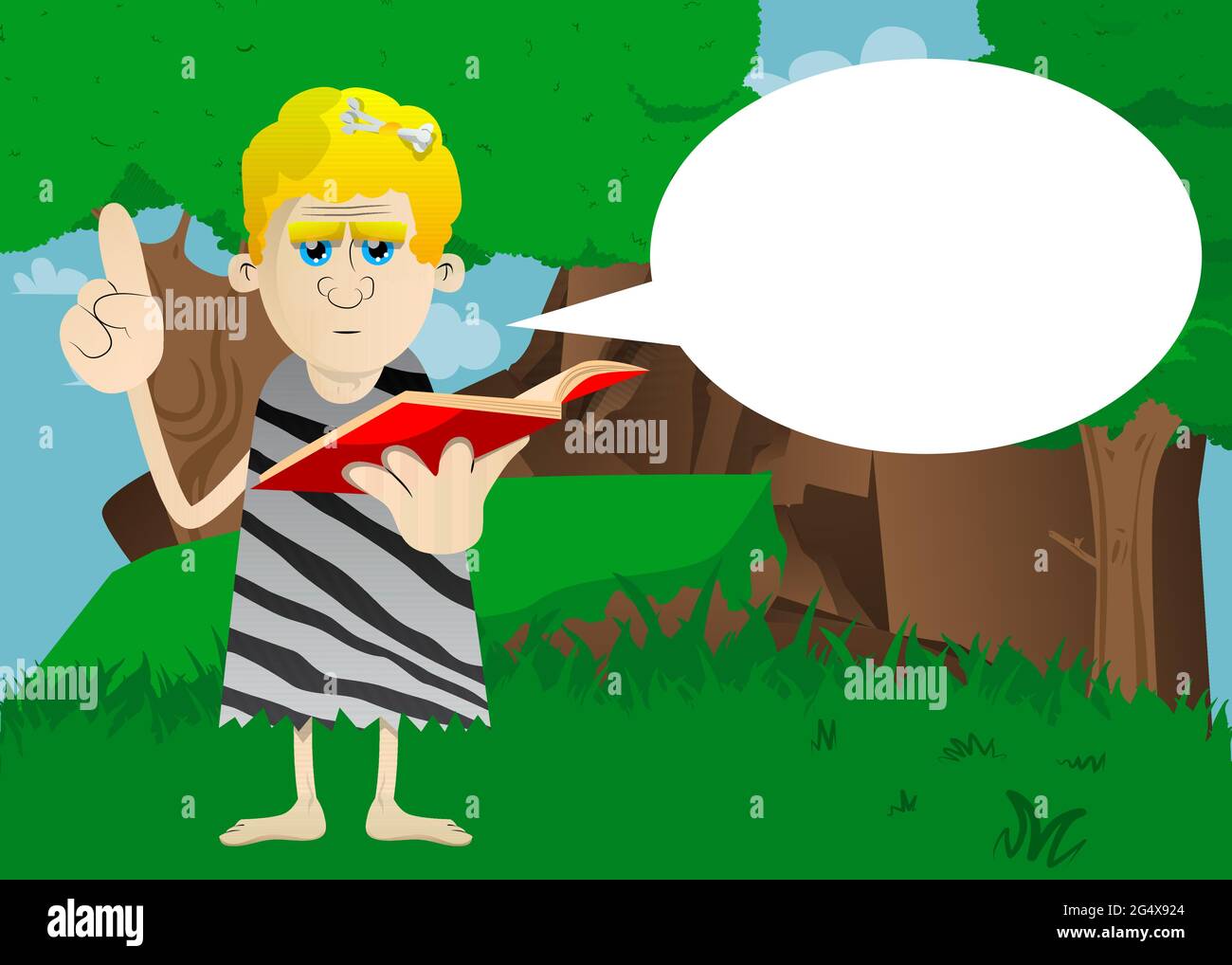 Cartoon prehistoric man reading a red book and making a point. Vector ...
