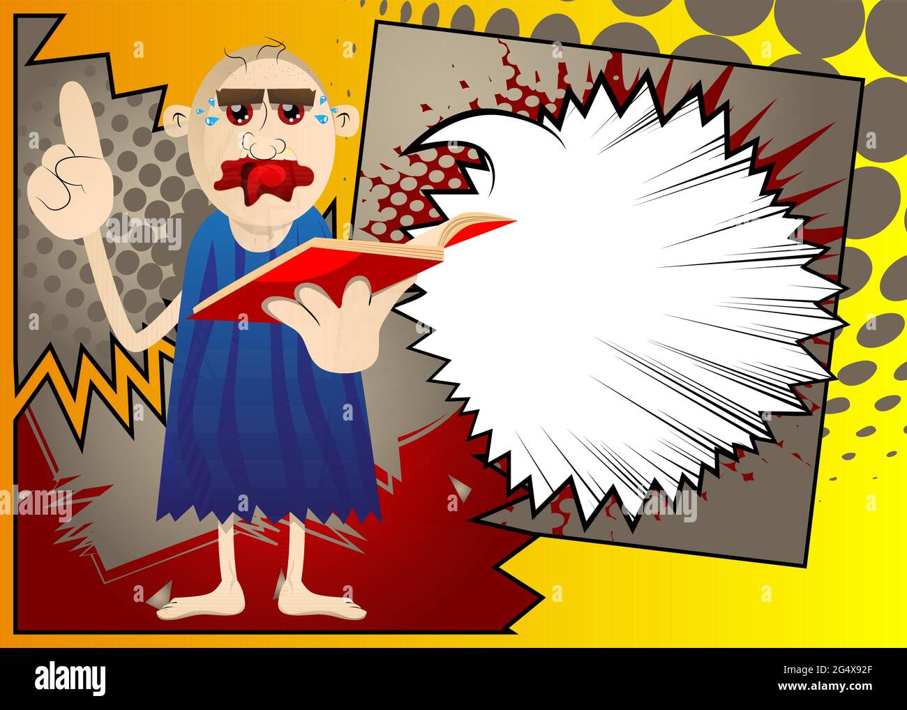 Cartoon prehistoric man reading a red book and making a point. Vector ...