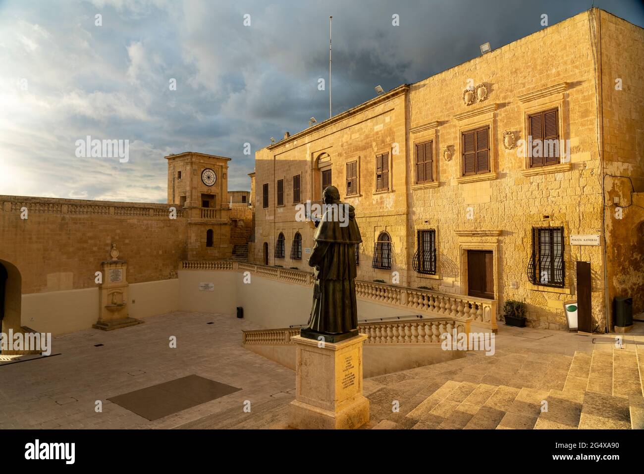 Statue over staircase at famous church on sunny day Gozo, Malta Stock ...