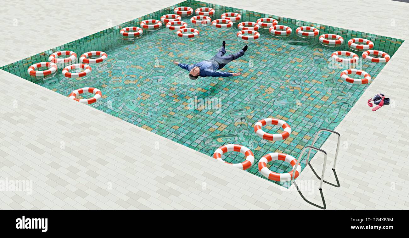 Fully clothed office worker relaxing in swimming pool filled with life ...