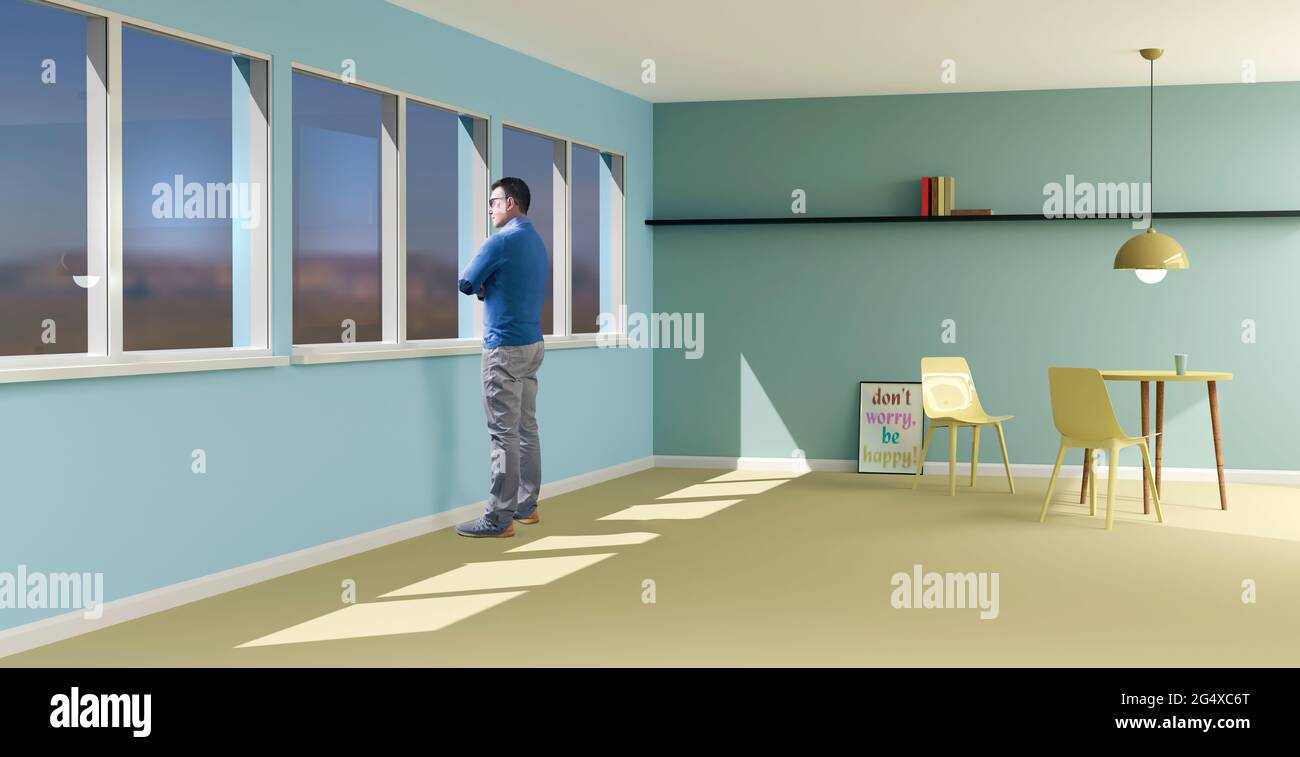 Man looking through window while standing at home Stock Photo - Alamy