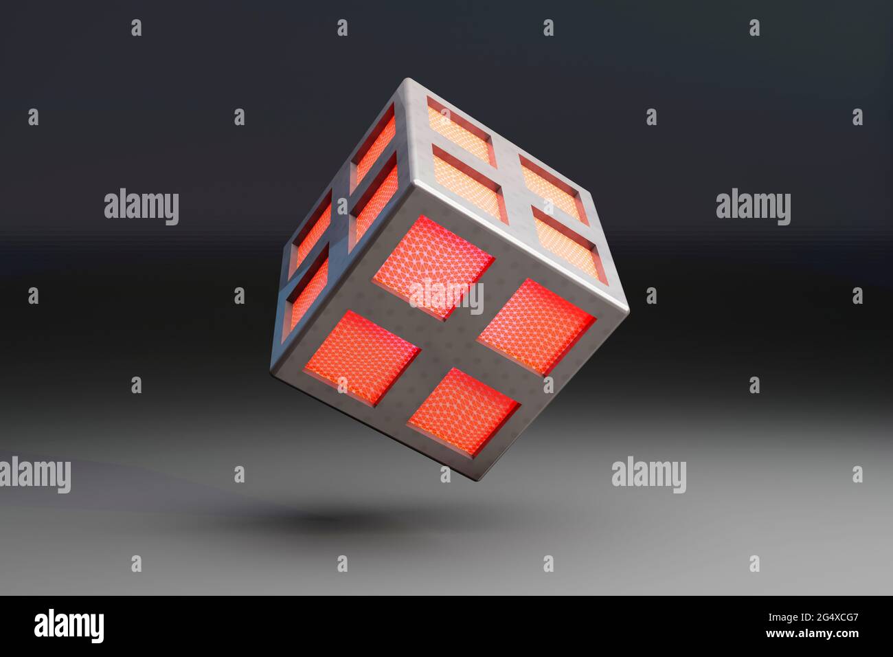 Three dimensional render of cube shaped network node floating against ...