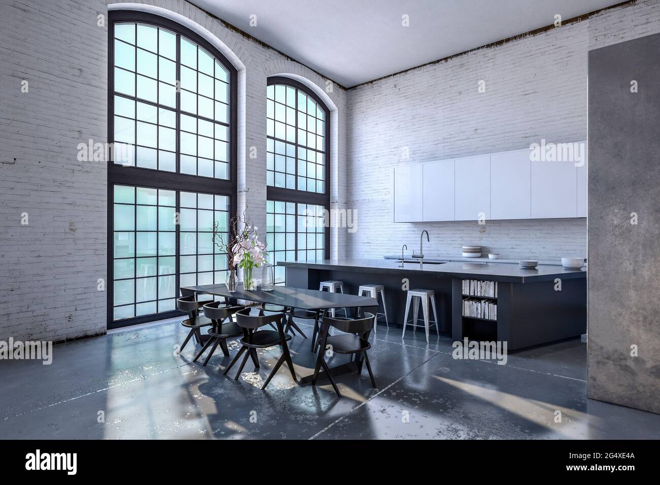 Interior of modern kitchen with large windows and dining table Stock ...