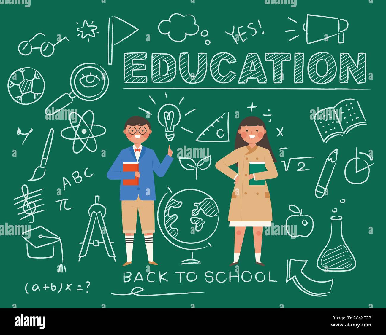 Cute little student and white doodle on the black board Stock Vector ...