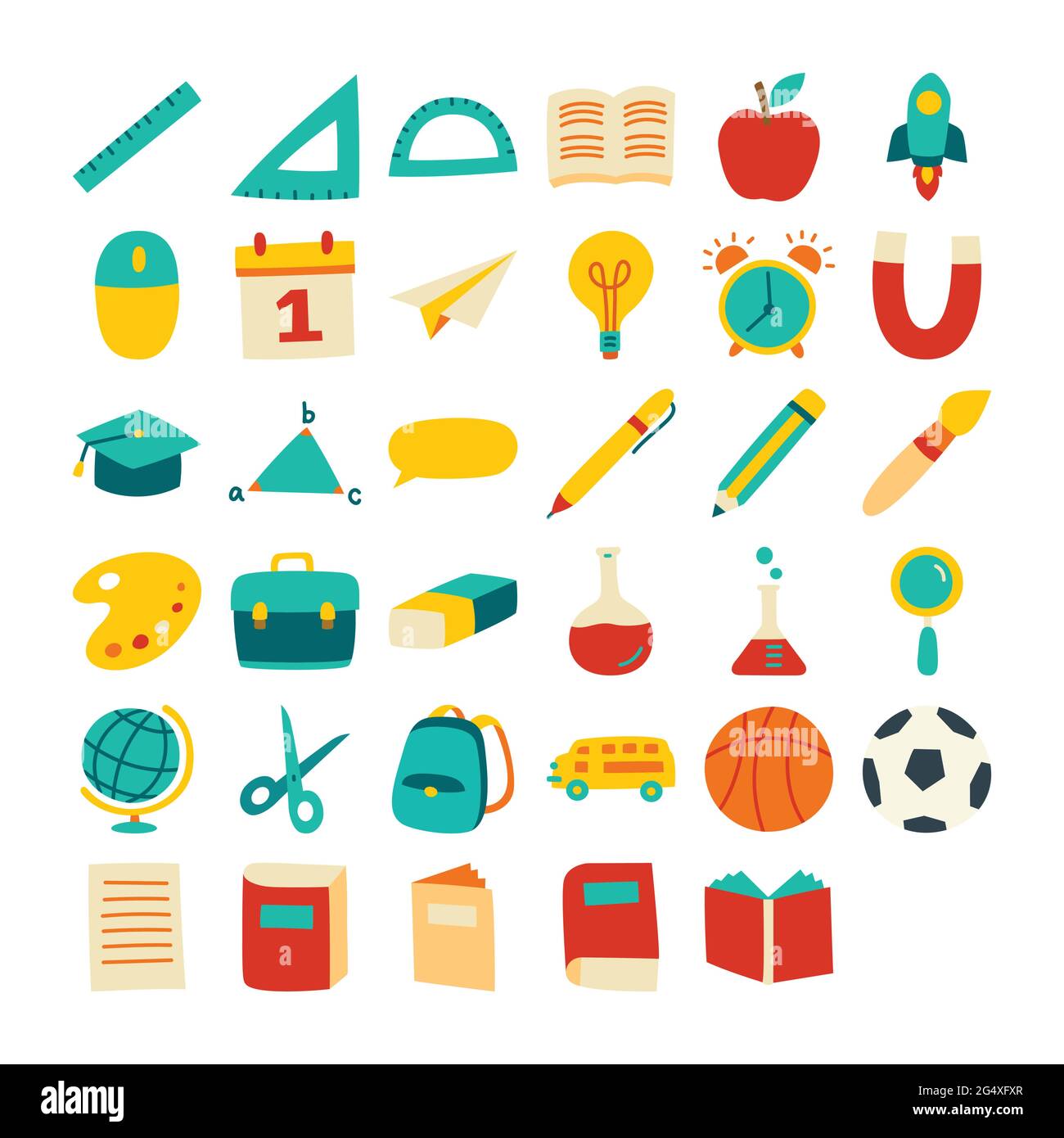 Back to school icon set flat color style. Education hand drawn objects ...