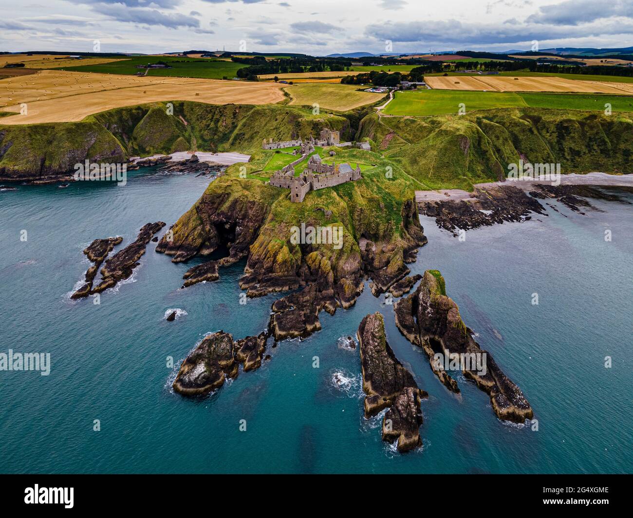 UK, Scotland, Stonehaven, Aerial view of Dunnottar Castle and ...