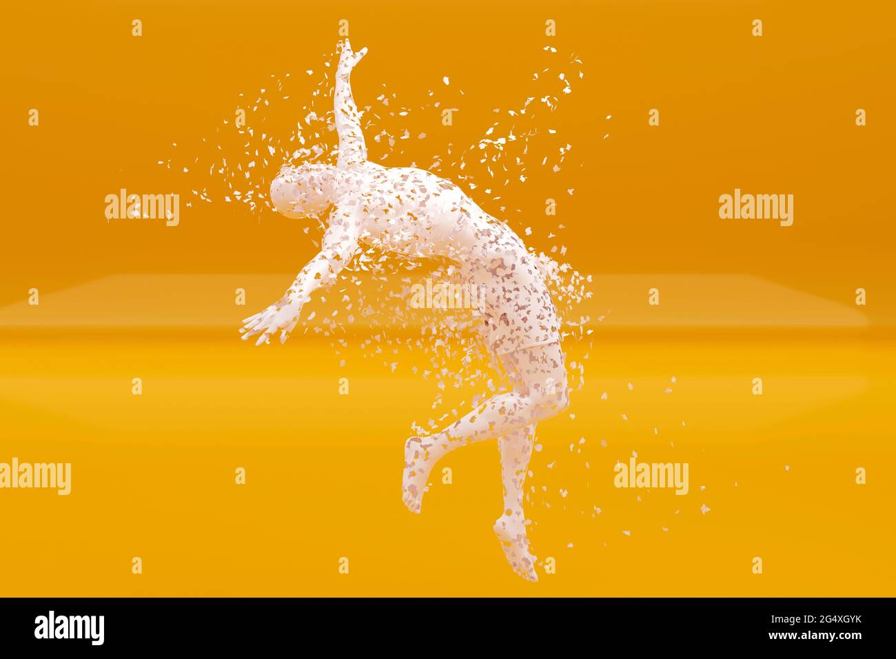 Three dimensional render of disintegrating man jumping against yellow ...