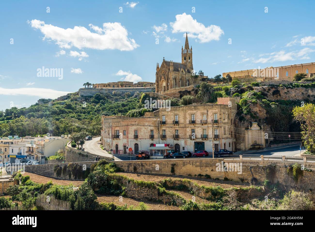 Scenic view of famous historic church in town Gozo, Malta Stock Photo ...