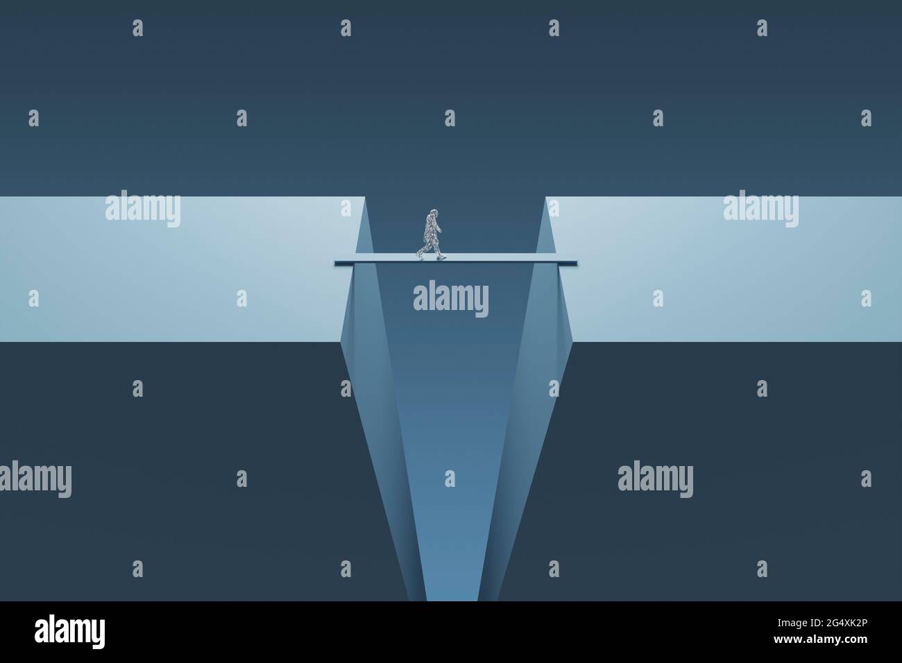 Three dimensional render of wireframe man crossing bridge between two ...