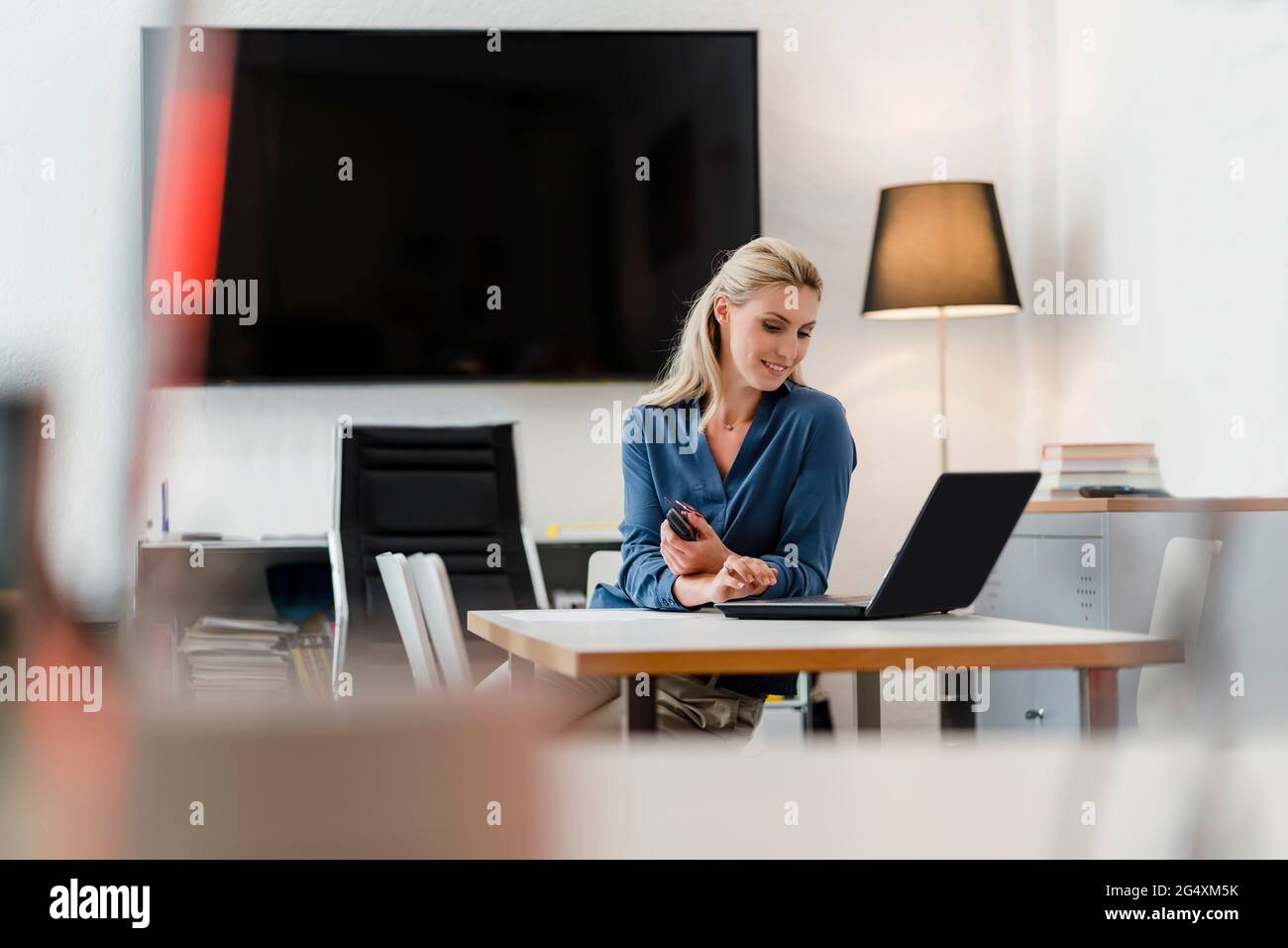 Female entrepreneur using laptop sitting at desk in office Stock Photo ...