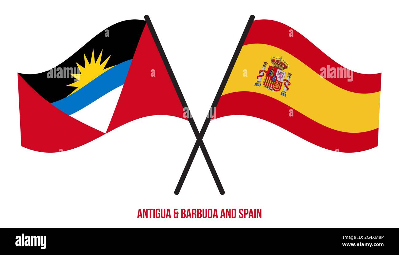 Antigua & Barbuda and Spain Flags Crossed & Waving Flat Style. Official ...