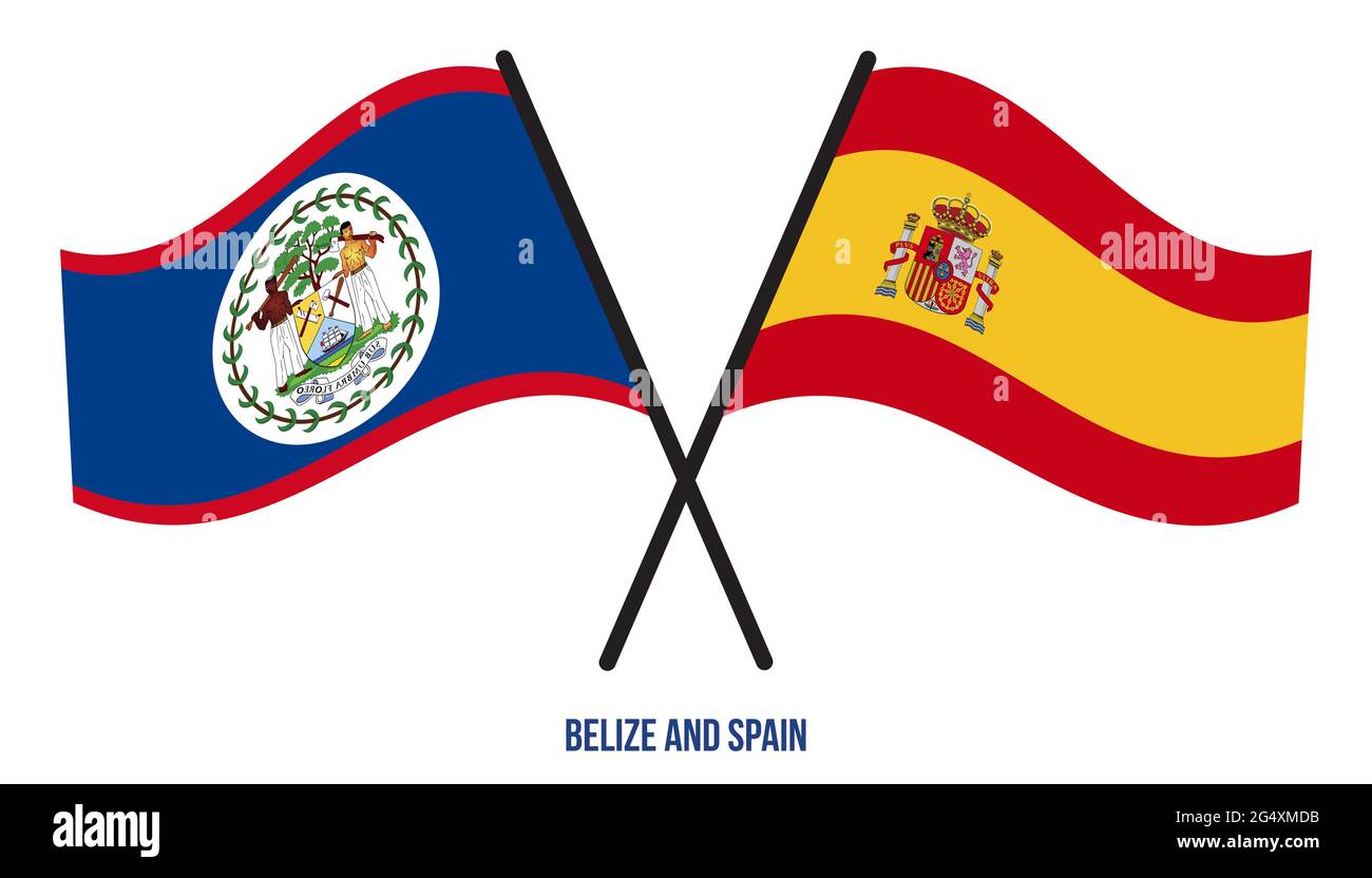 Belize and Spain Flags Crossed And Waving Flat Style. Official ...