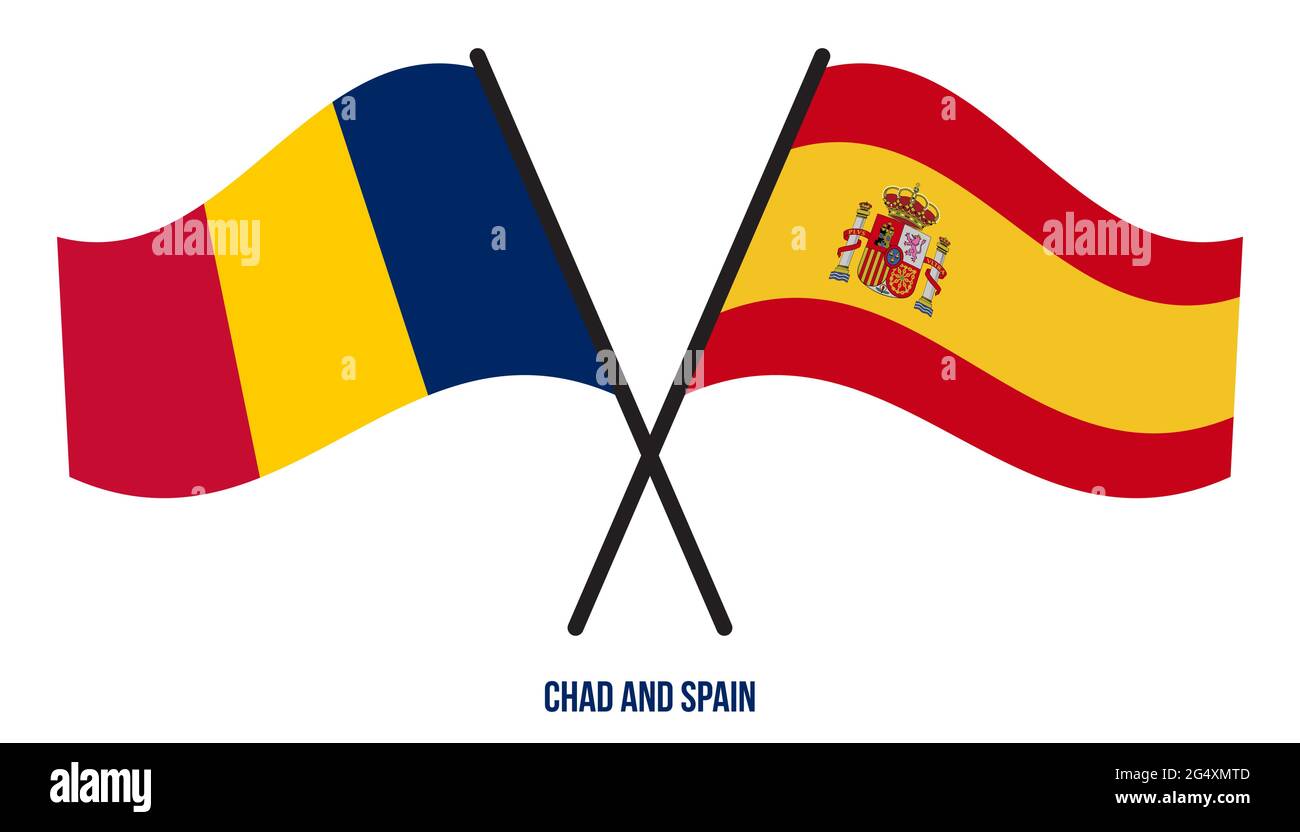 Chad and Spain Flags Crossed And Waving Flat Style. Official Proportion ...