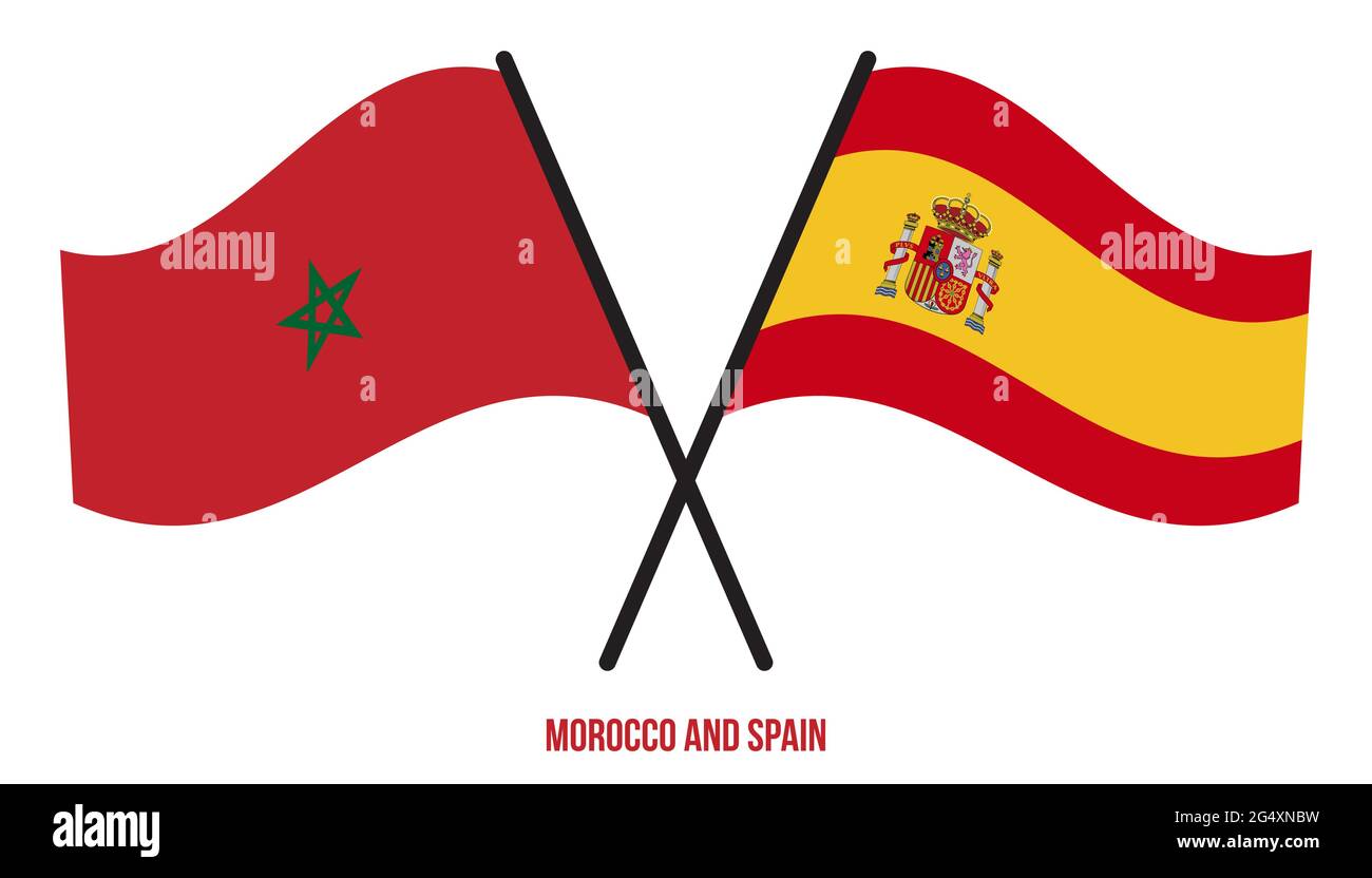 Morocco and Spain Flags Crossed And Waving Flat Style. Official ...