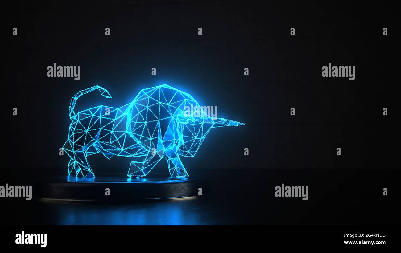 Three dimensional render of blue glowing wire-frame model of bull Stock ...