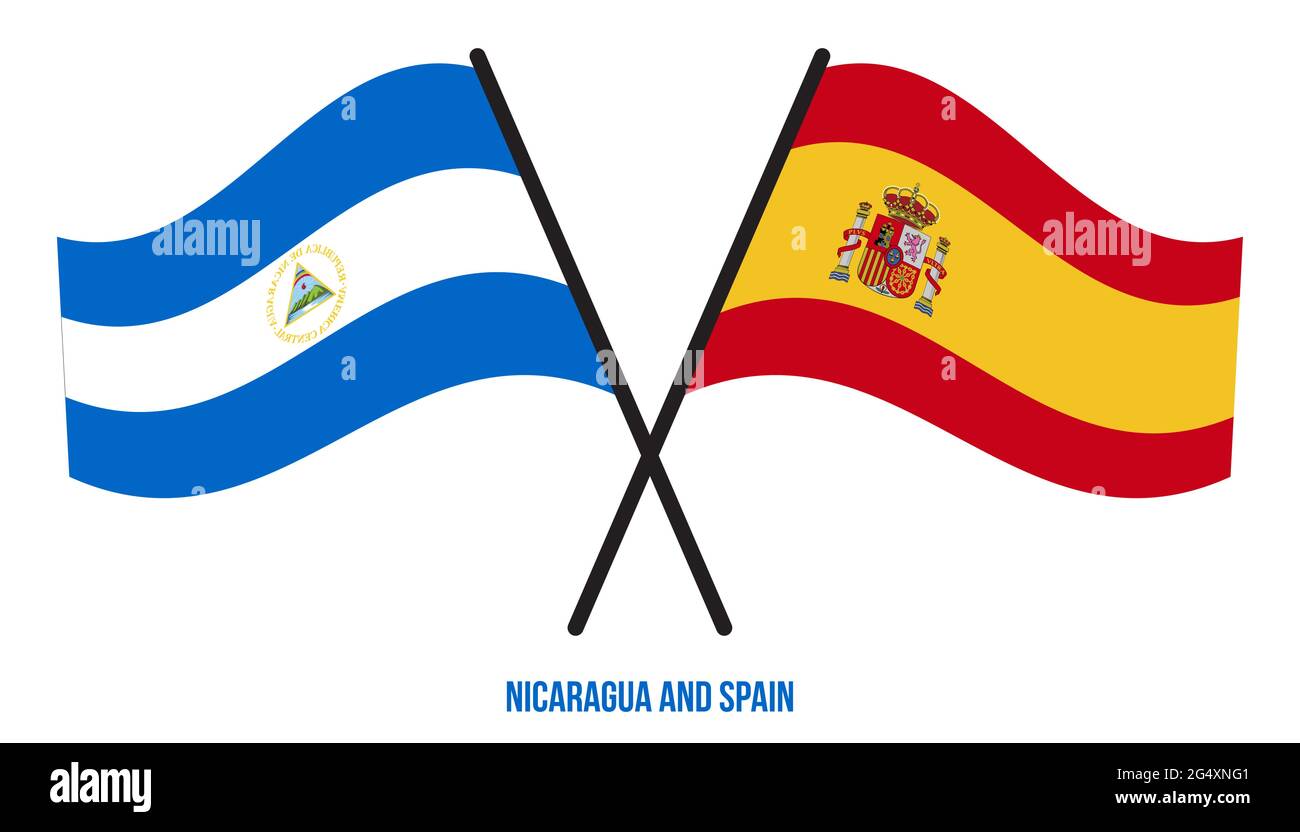 Nicaragua and Spain Flags Crossed And Waving Flat Style. Official ...