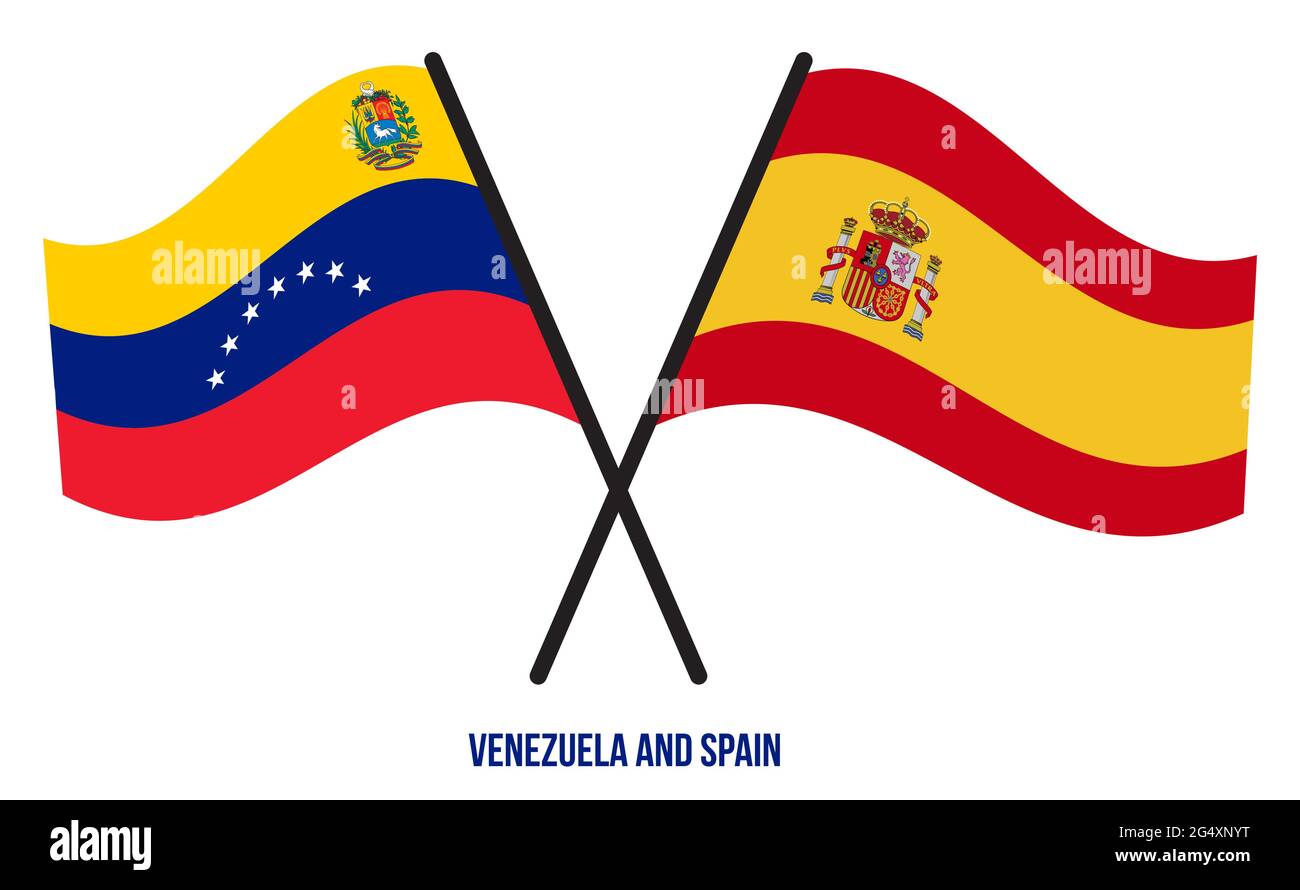 Venezuela and Spain Flags Crossed And Waving Flat Style. Official ...