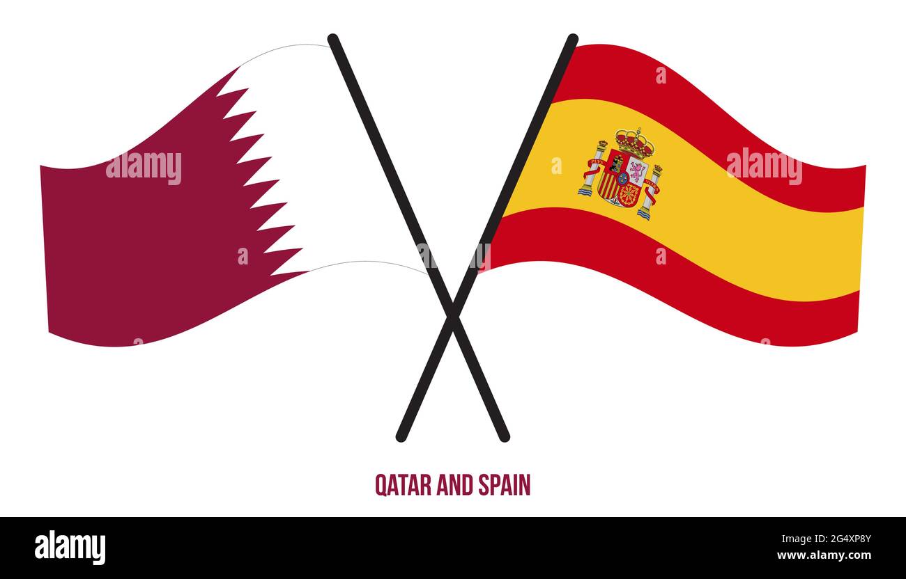 Qatar and Spain Flags Crossed And Waving Flat Style. Official ...