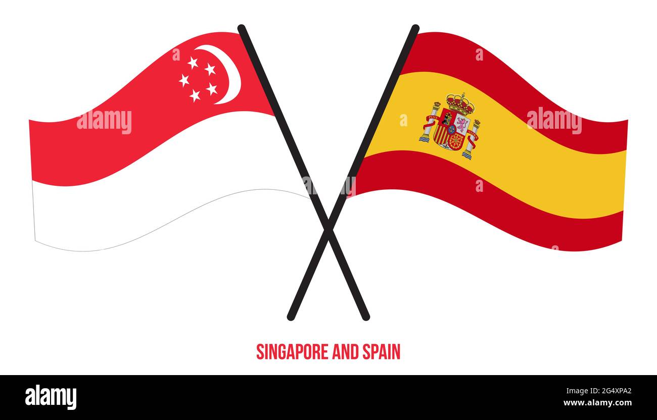 Singapore and Spain Flags Crossed And Waving Flat Style. Official ...