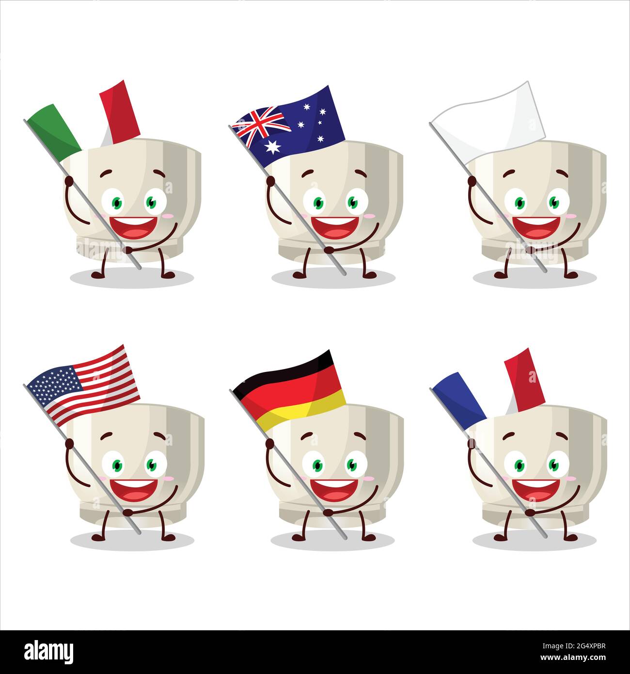 Glass of sake cartoon character bring the flags of various countries ...