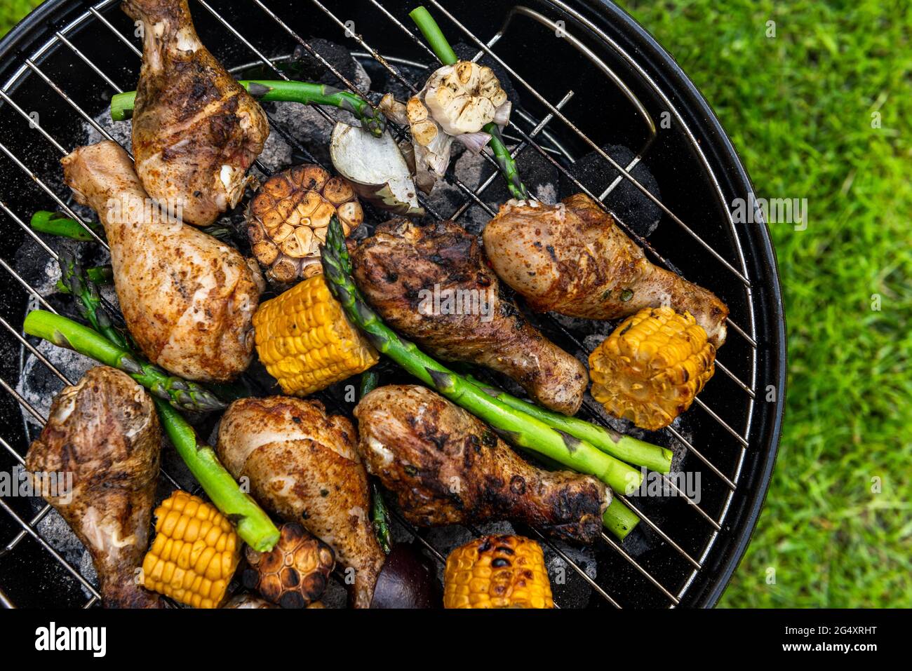 Grilled Food on Charcoal BBQ. Summer Picnic in Backyard Garden Stock ...