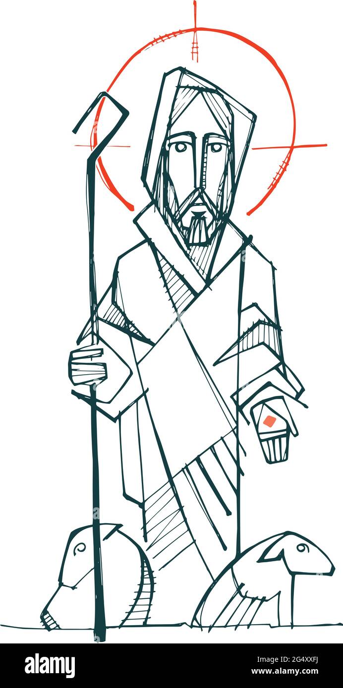 Hand drawn vector illustration or drawing of Jesus Christ Good Shepherd ...