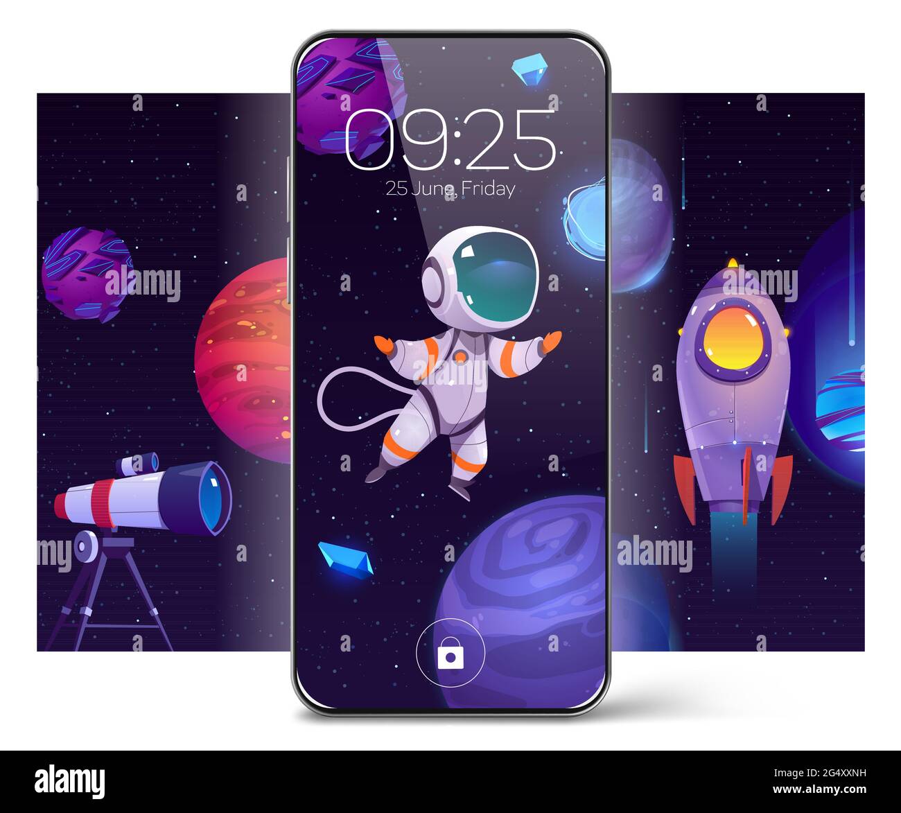 Smartphone with screensaver wallpaper with astronaut in outer space ...
