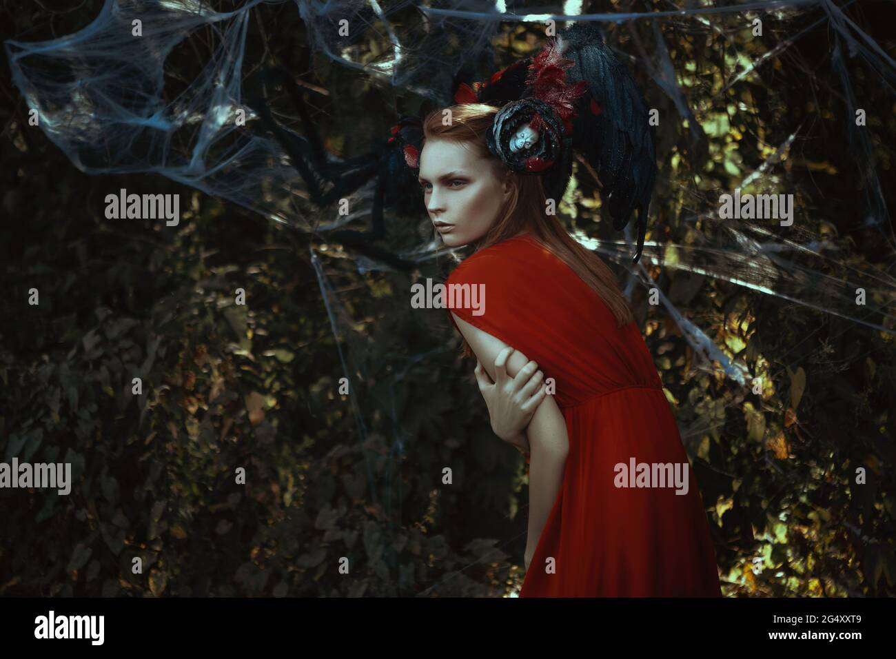 The young model is posing as a fairy in a spiderweb Stock Photo - Alamy