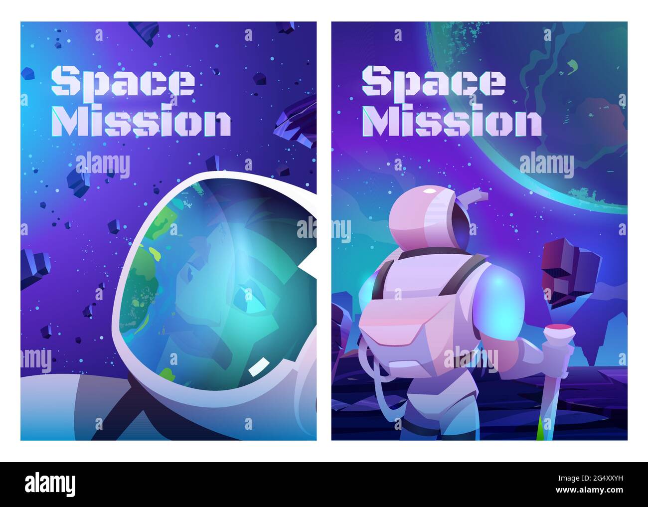 Space mission cartoon posters, astronaut travel in galaxy. Spaceman ...