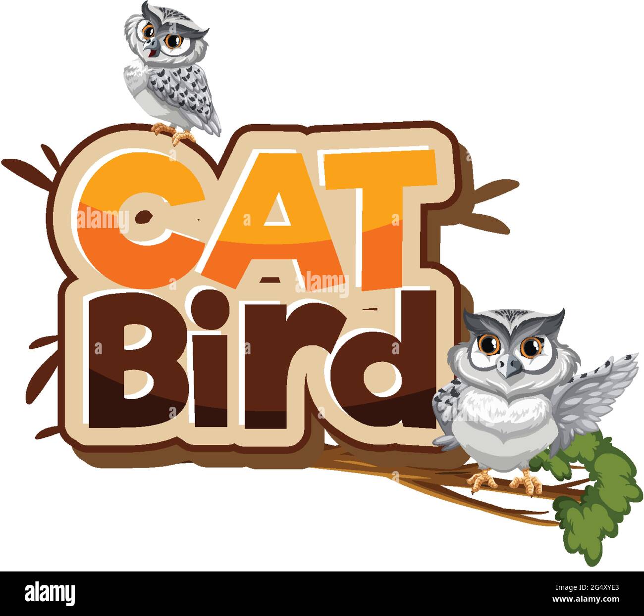 Cat Bird font banner with two owl cartoon character isolated ...