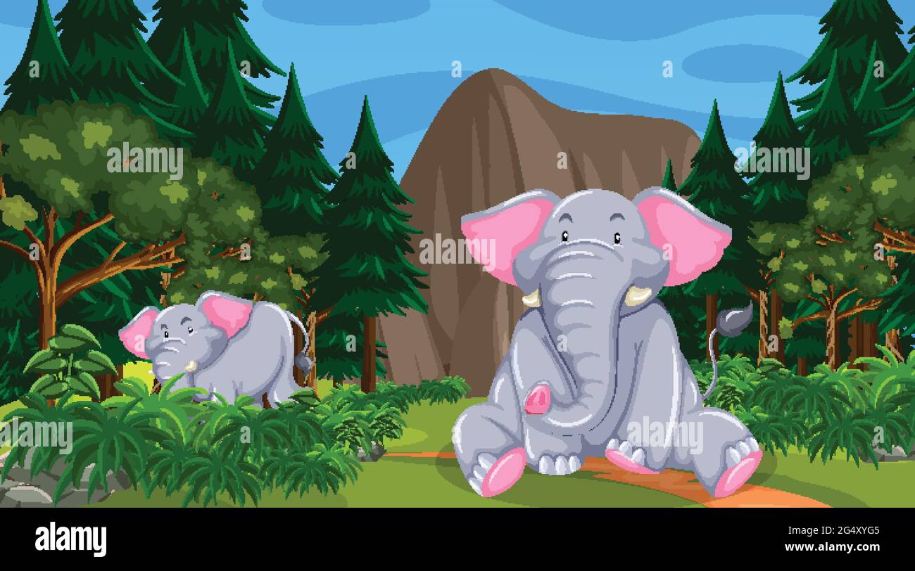 Elephant in forest or rainforest scene with many trees illustration ...