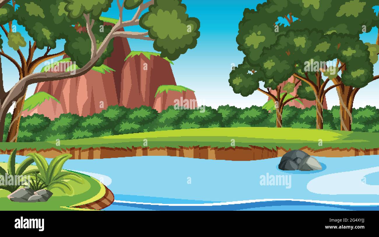 Nature scene with stream flowing through the forest illustration Stock ...