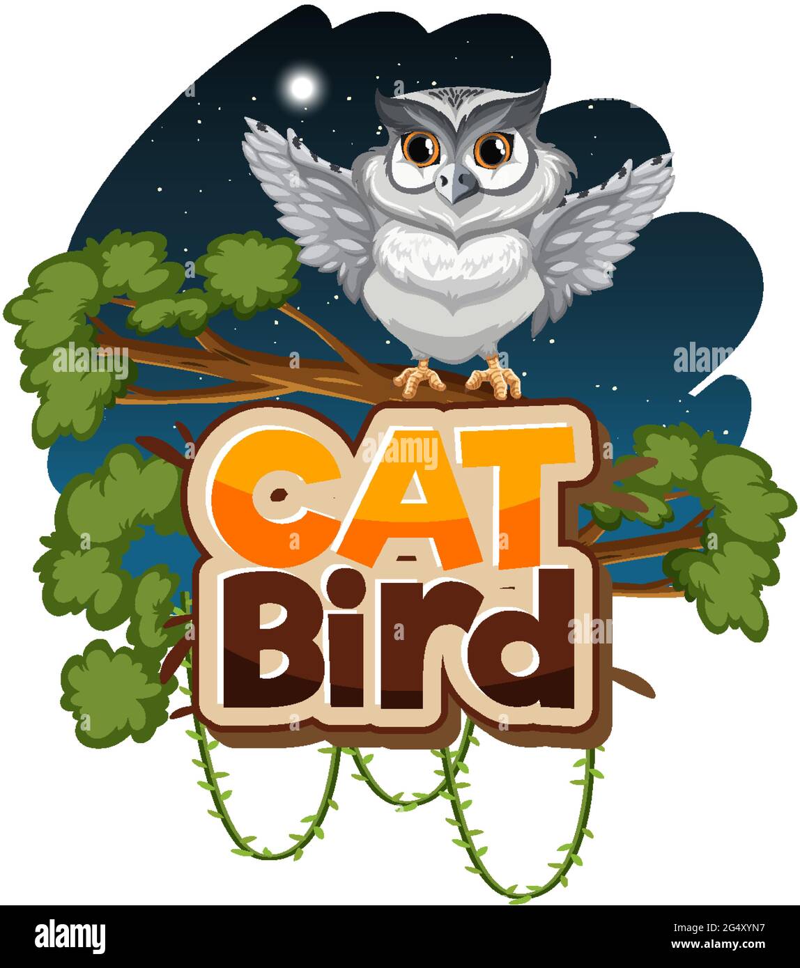 White owl cartoon character at night scene with Cat Bird font banner ...