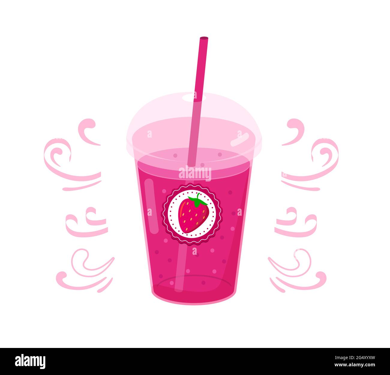 Strawberry smoothie in a plastic cup with a label. Realistic plastic ...