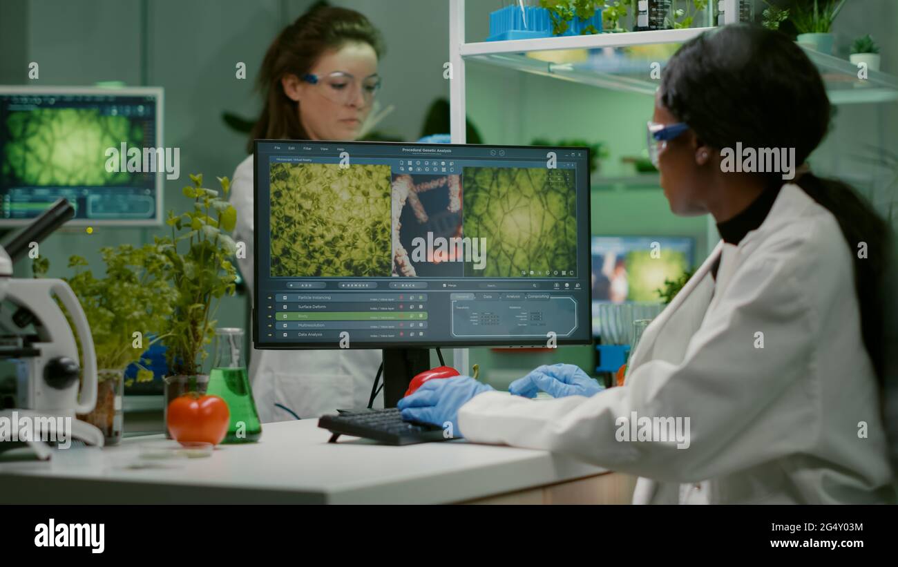 Scientist woman typing microbiology expertise on computer for ...