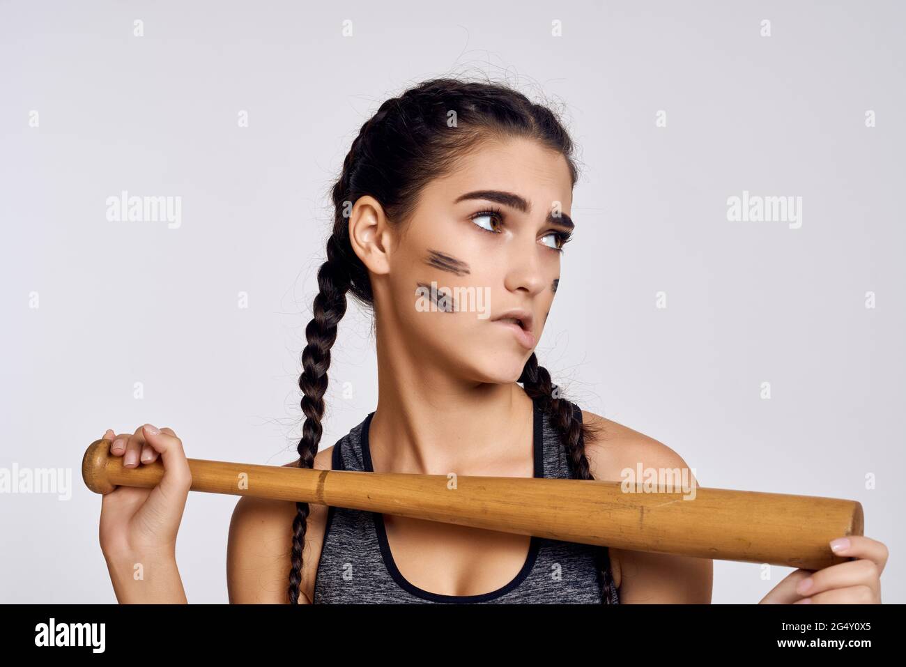 sportive woman with baseball bat workout exercise studio Stock Photo ...