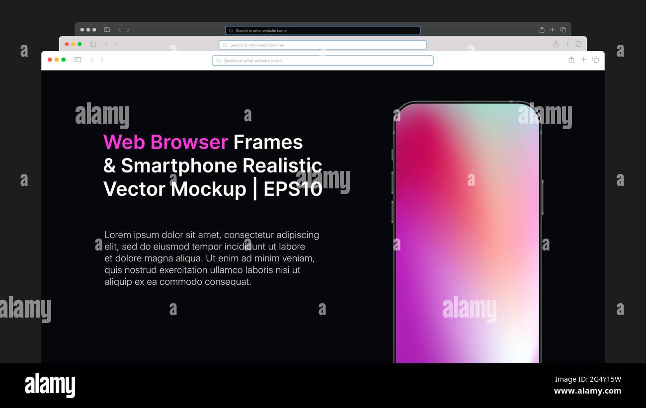 Web Browser Wireframe and Smartphone Realistic Gradient Vector Mockup ...
