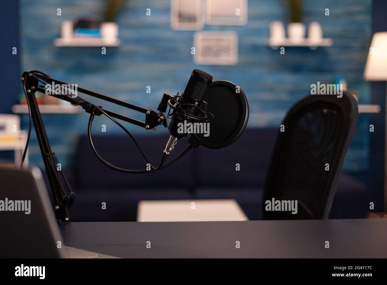 Empty podcast room with professional microphone in vlogger home studio ...