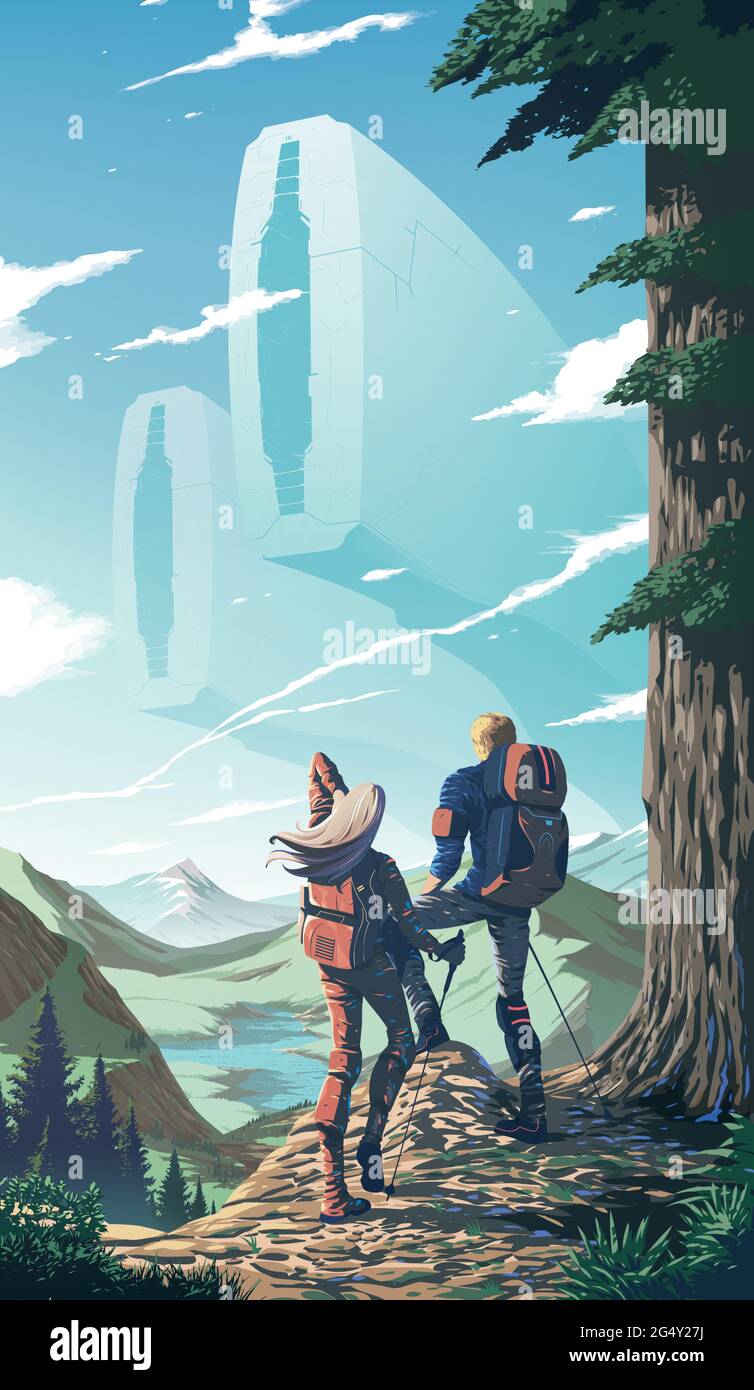 Science fiction vector illustration of a couple is trekking to the peak ...