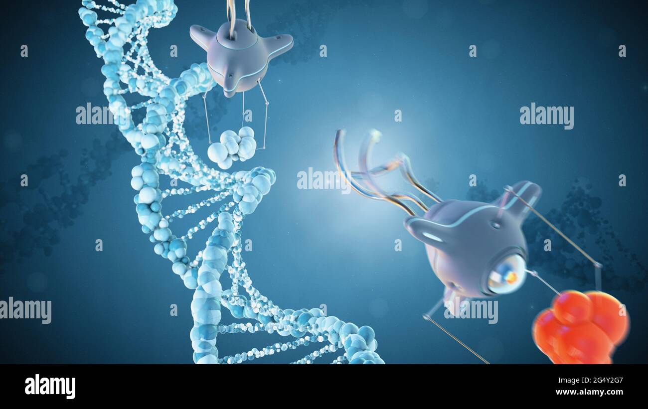 Medical nanobots repair a damaged section of DNA. 3D render Stock Photo ...