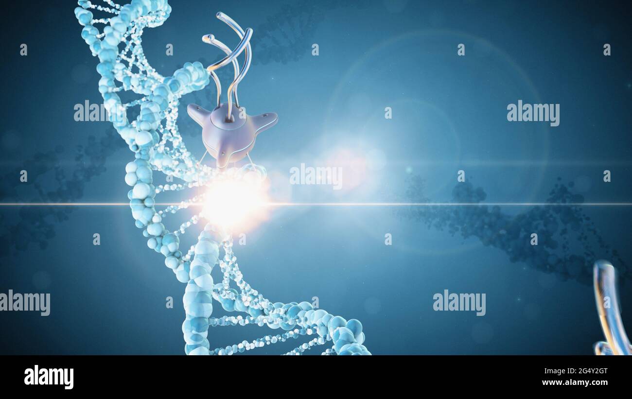 Medical nanobots repair a damaged section of DNA. 3D render Stock Photo ...
