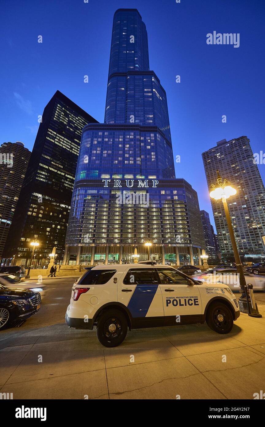 United States, Illinois, Chicago: police car at night in front of the ...