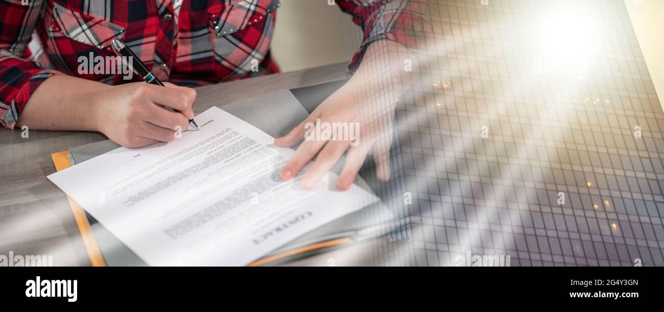 Woman hands signing a contract; multiple exposure Stock Photo - Alamy