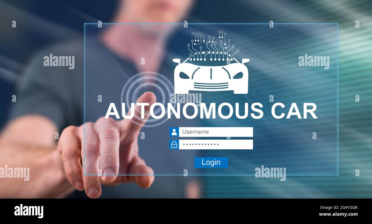 Man touching an autonomous car concept on a touch screen with his ...