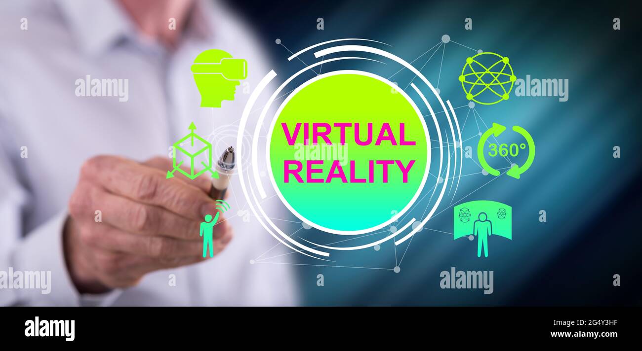 Man touching a virtual reality concept on a touch screen with a pen ...